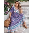 Blue Bohemian Plus Size Floral V-Neck Loose Maxi Dress For Summer Beach ...