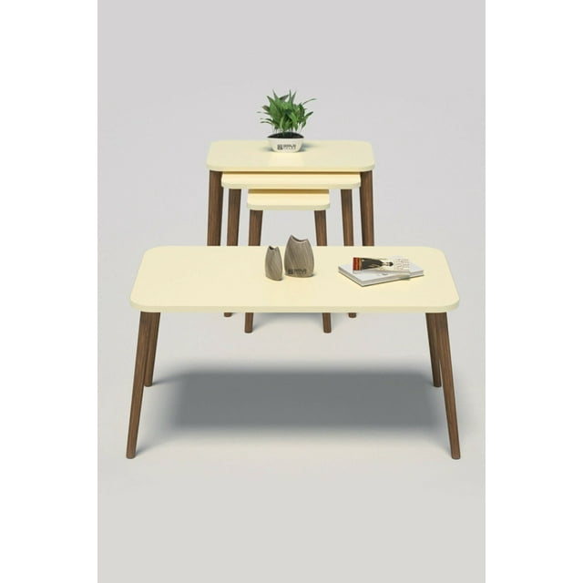 Cream White Coffee Table Set with 4 PCS,Rectangular Set With 3 Modern ...