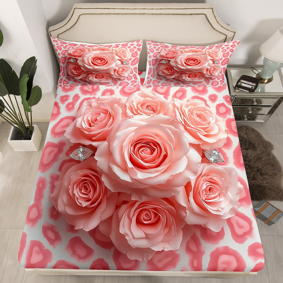 Pink Rose Fitted Sheet Twin,Girly Pink Women Valentine Flowers Bed ...