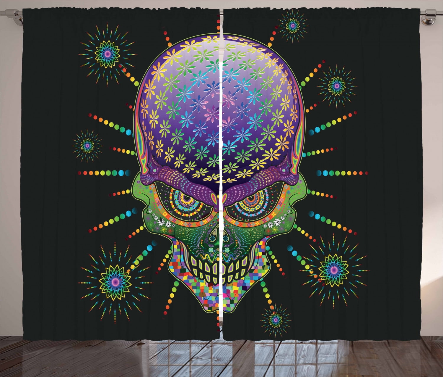 Psychedelic Curtains 2 Panels Set, Digital Mexican Sugar Skull Festive ...