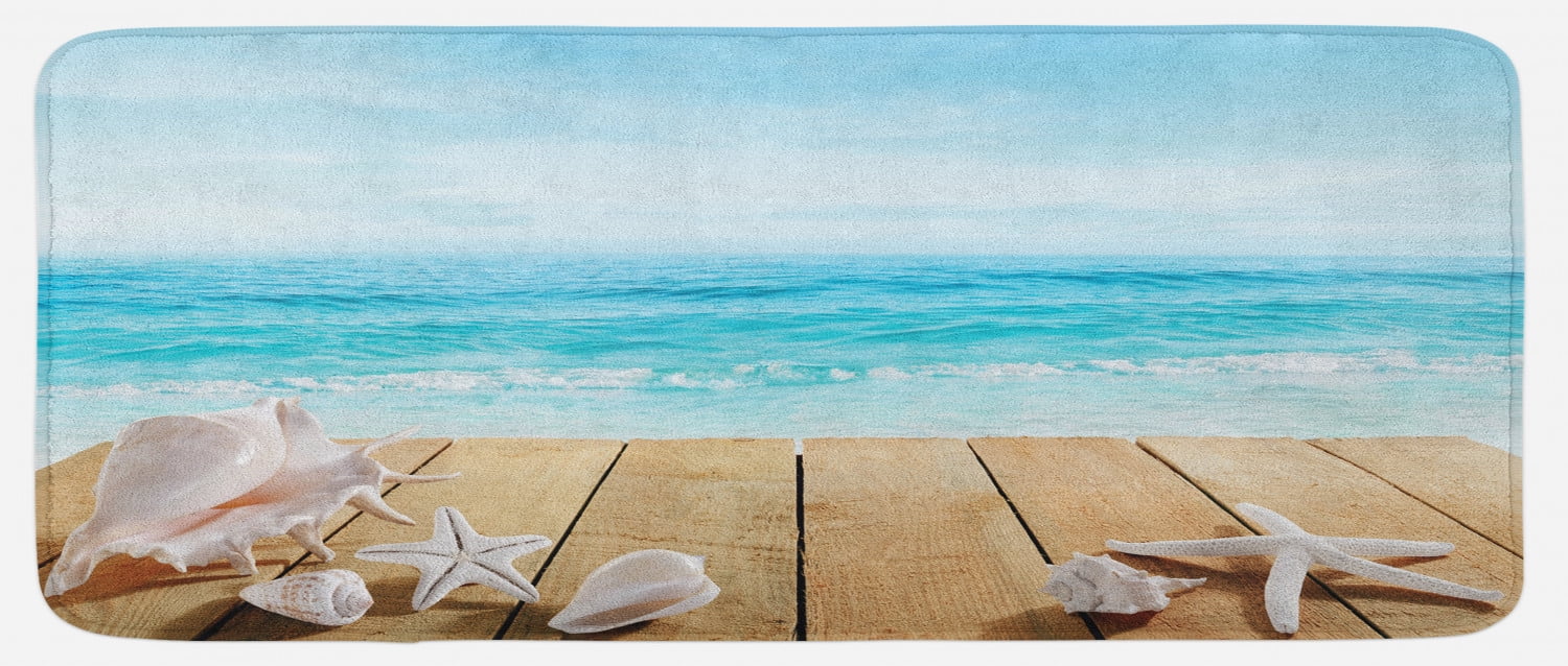 Seashells Kitchen Mat, Wooden Boardwald Sunshine Vacations Beach Theme ...