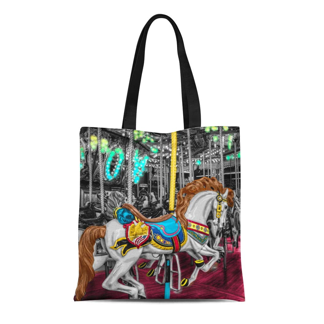 ASHLEIGH Canvas Tote Bag Pretty Colorful Carousel Horse Carnival Pony ...