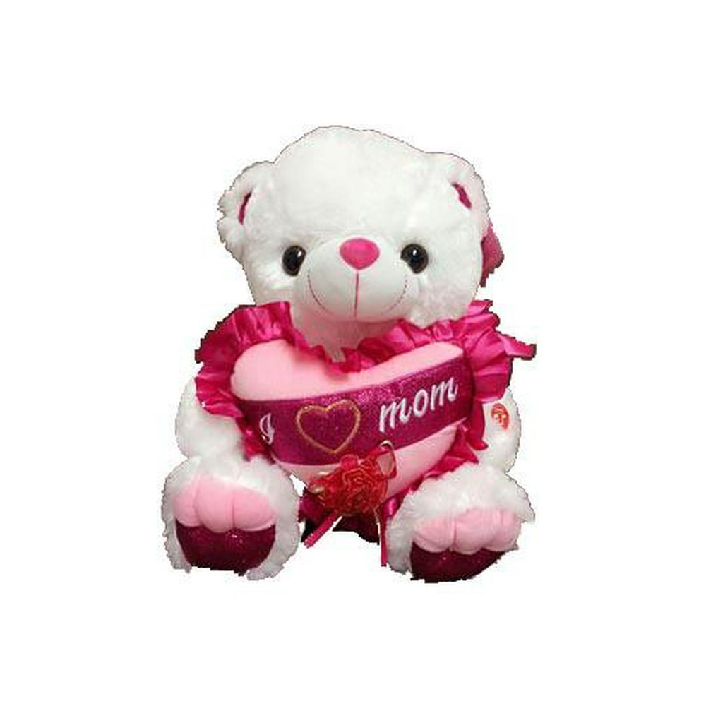 15" White Musical Teddy Bear with Pink "I Love Mom" Heart with ...