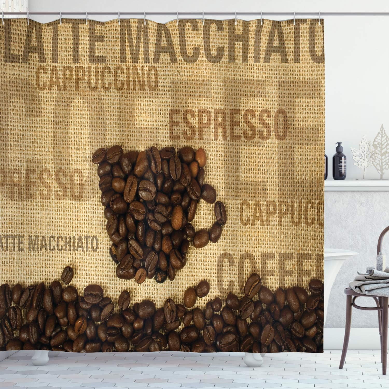 JOOCAR Coffee Shower Curtain, Coffee Beans Shaped in Mug and Coffee ...