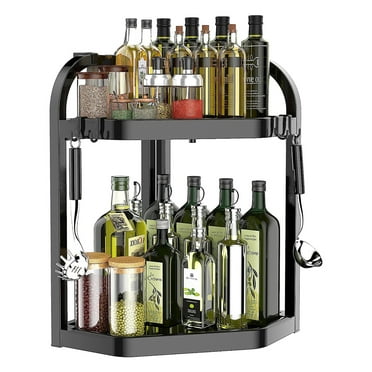 2 Tier Metal Kitchen Spice Rack Countertop Standing Corner Shelf- Black ...