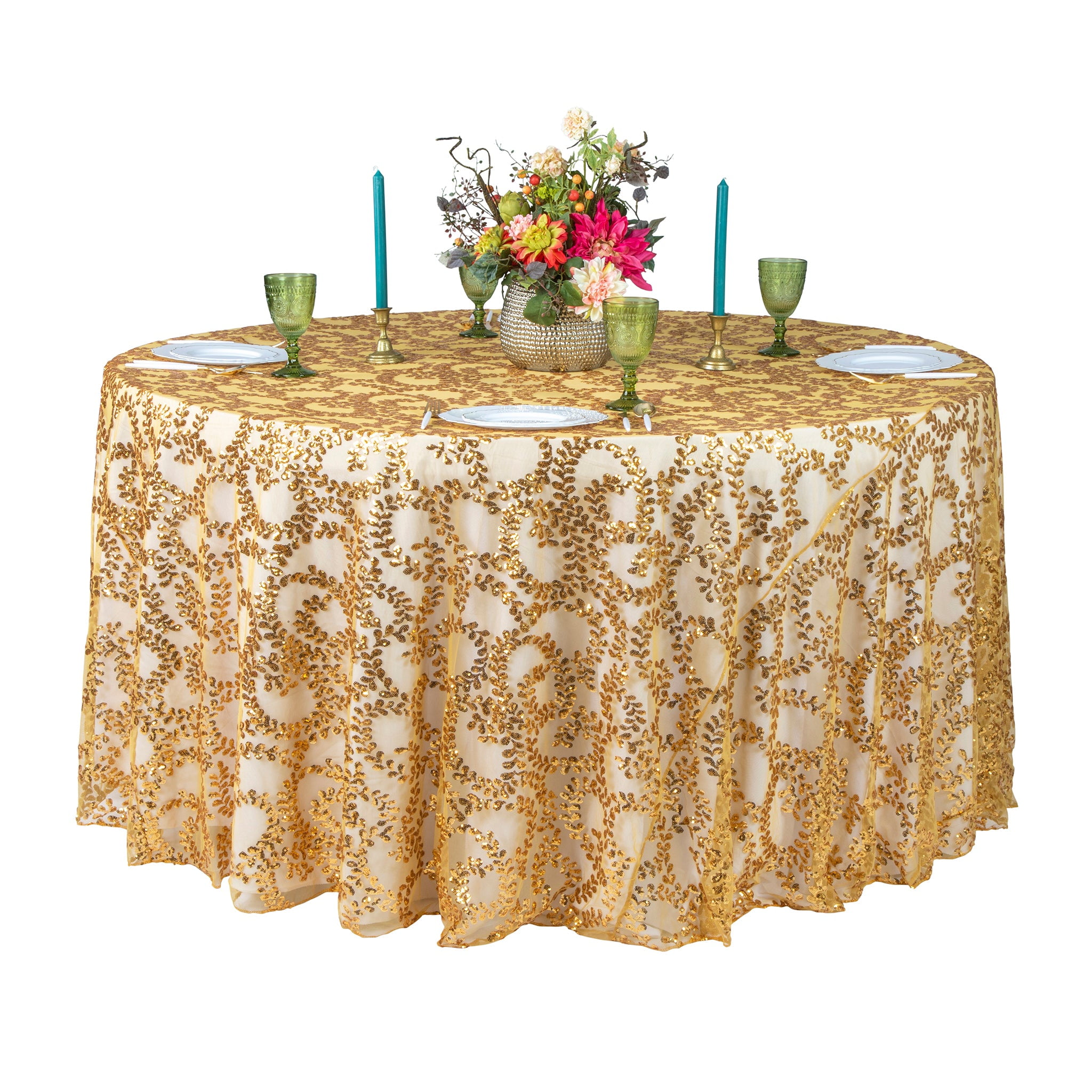 Sequin Tablecloth Gold Vine Round Table Overlay 120" for Wedding, Party ...