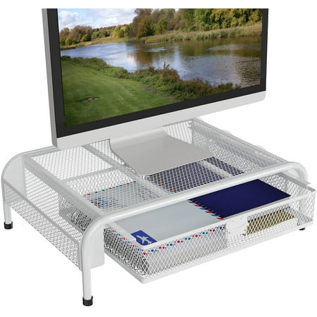 Metal Mesh Monitor Riser Desktop Stand with Drawer and Side Storage ...