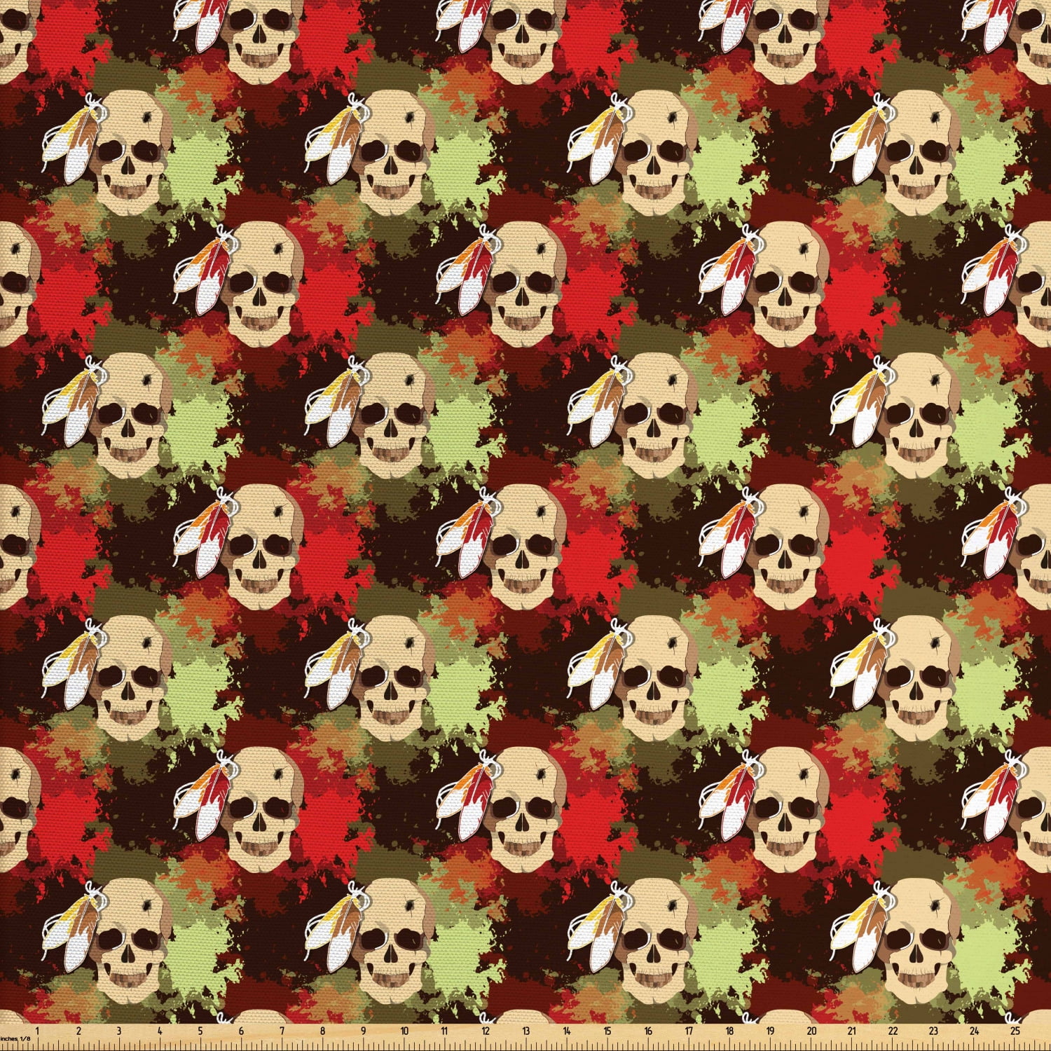 Skull Fabric by The Yard, Skull with Feathers Tribe Backdrop with ...