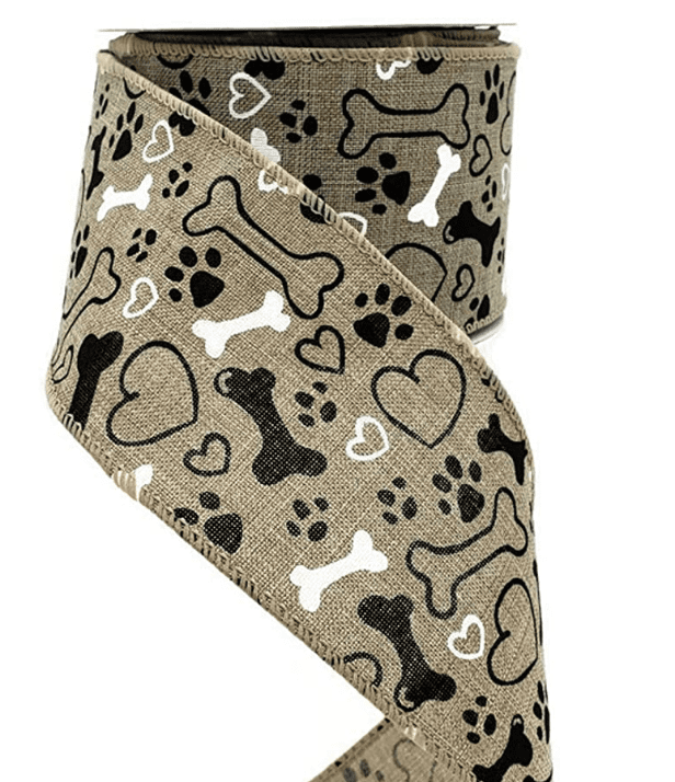 2.5" Bone Paw Print Ribbon: Natural (10 Yards) Dog Lover Wired Ribbon ...