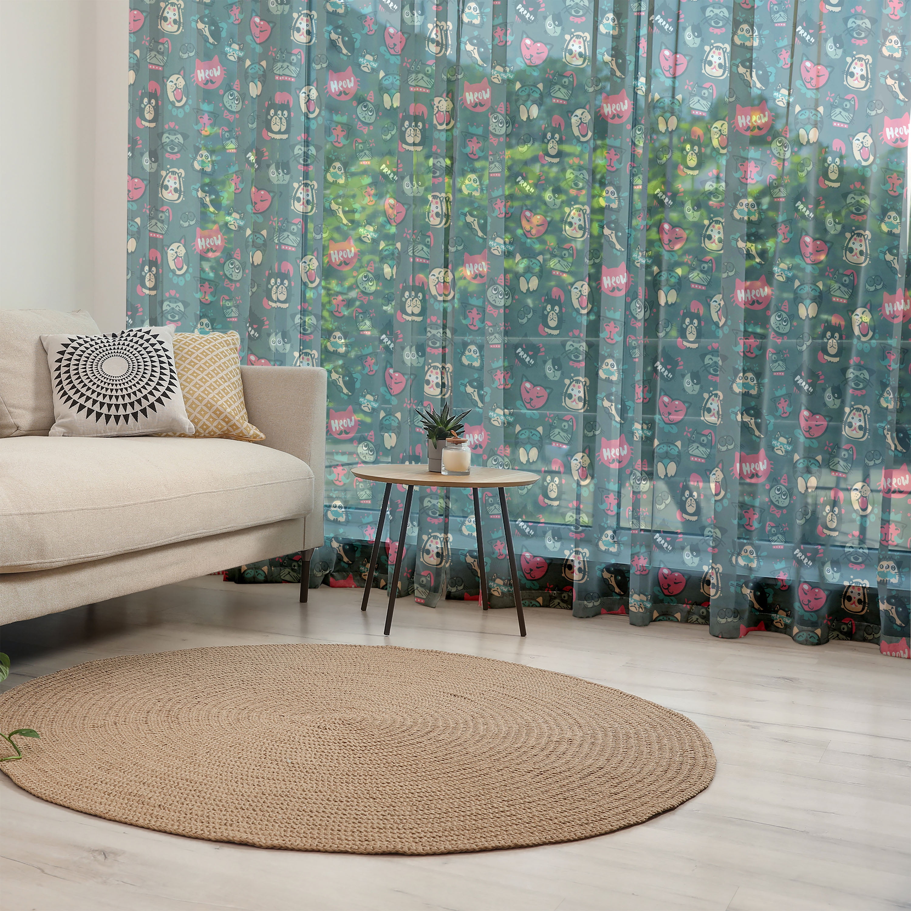 Cat Tulle Curtains with Rod Pocket, Hipster Faces Kitty Pet Heads ...