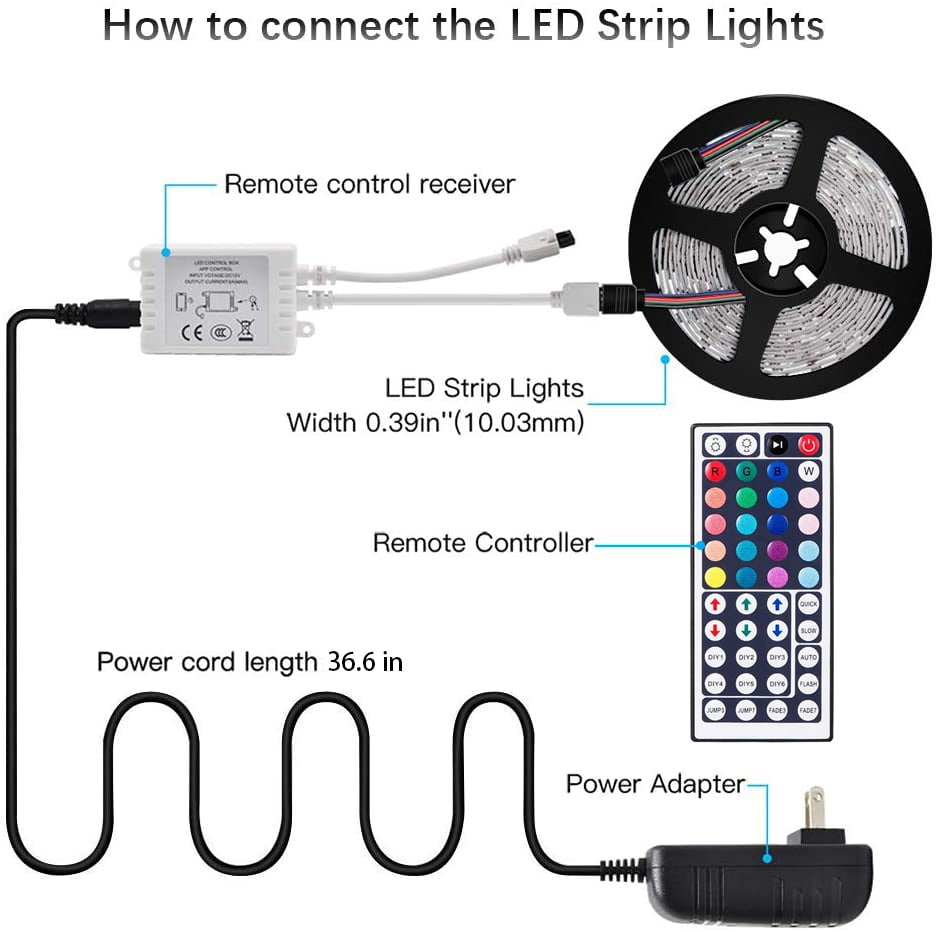 LED Light Strip, 16.4ft 5m RGB LED Light Strip Color Changing 3528 300 ...