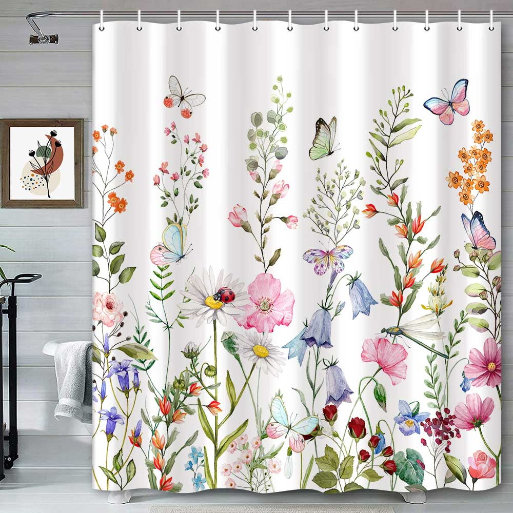 Spring Blossom Floral Shower Curtain, Watercolor Flowers Daisy ...