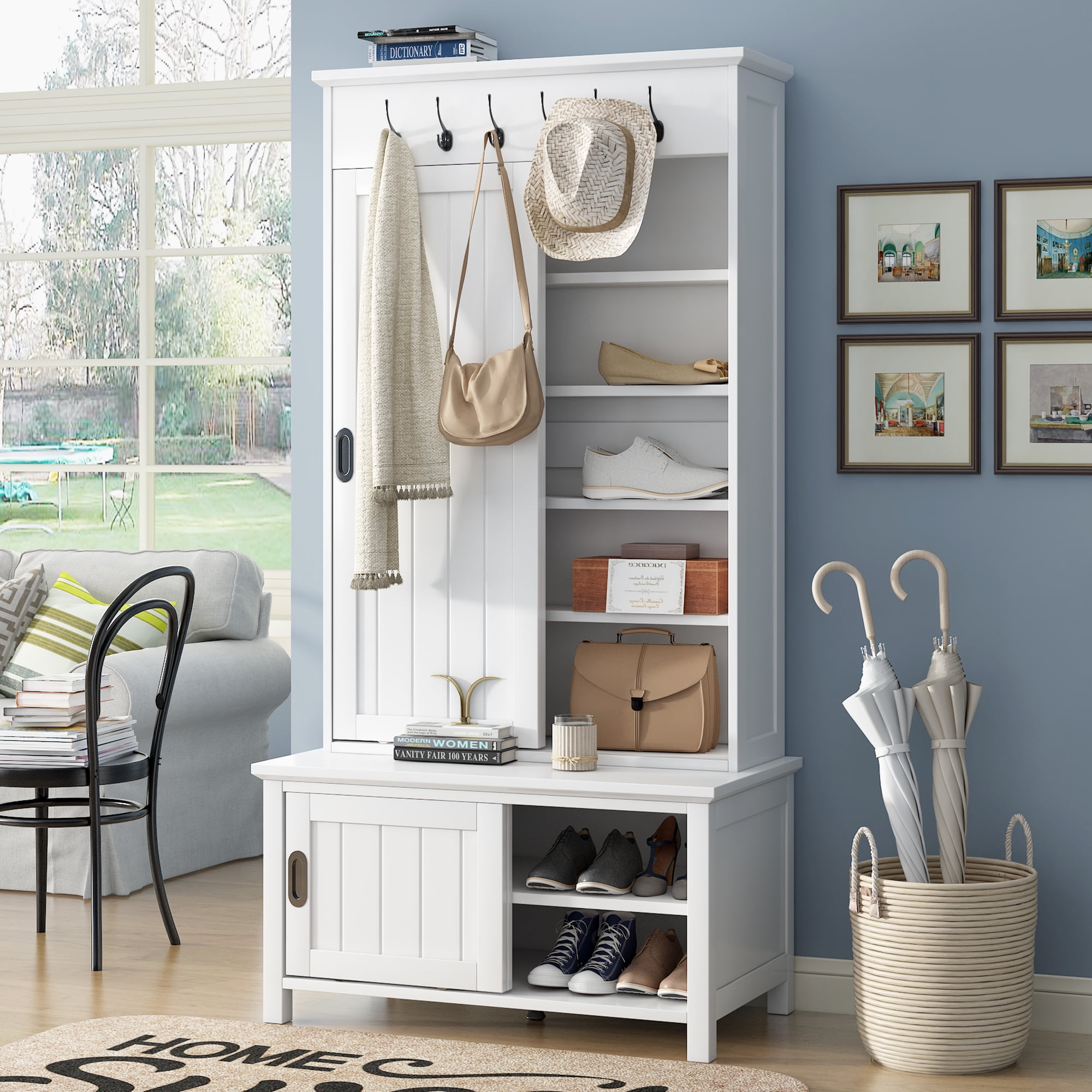 EUROCO 70" Hall Tree Entryway Storage Bench Coat Rack with 6 Hooks ...