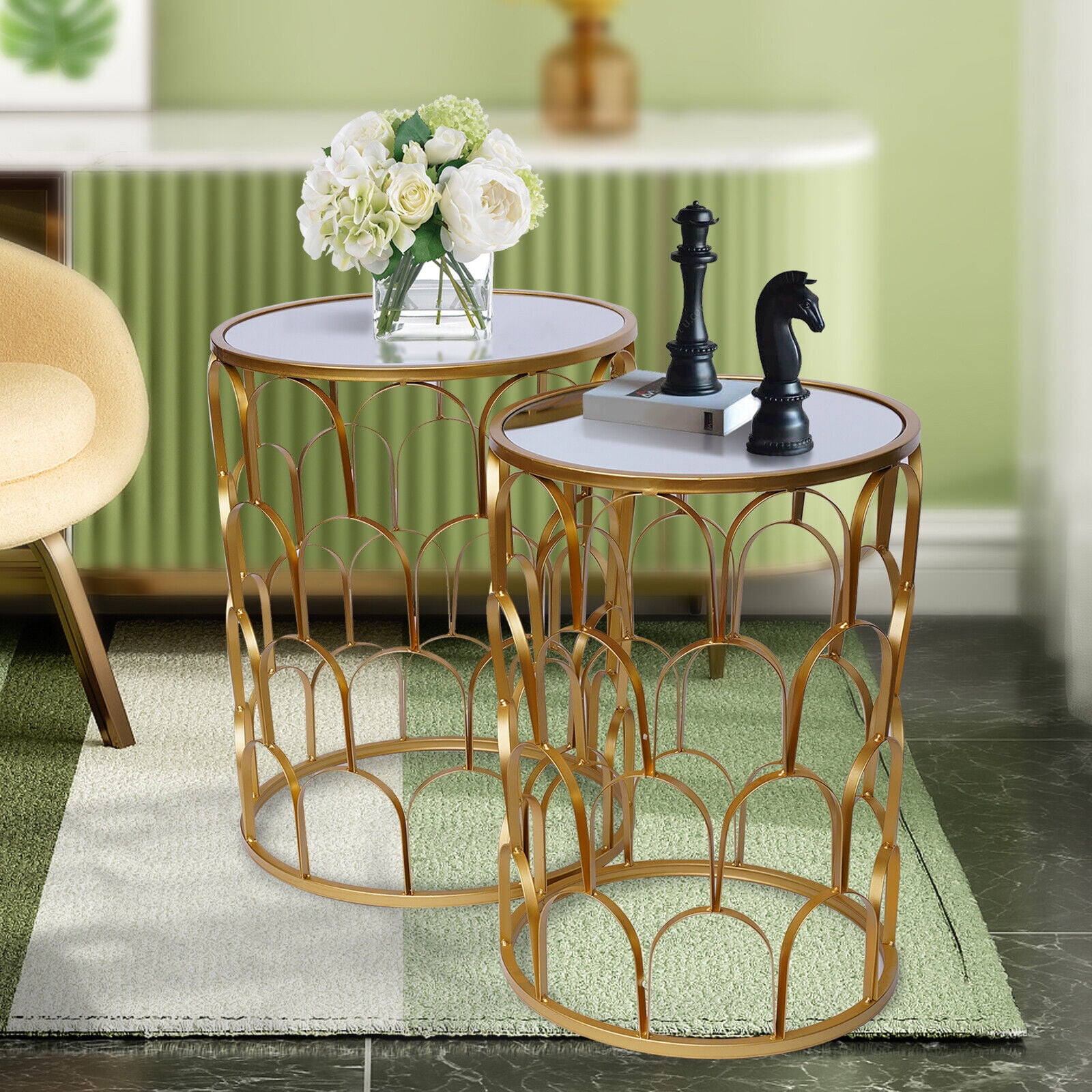 FETCOI Set of 2 Metal Round End Table Golden Nesting Coffee Side Table ...