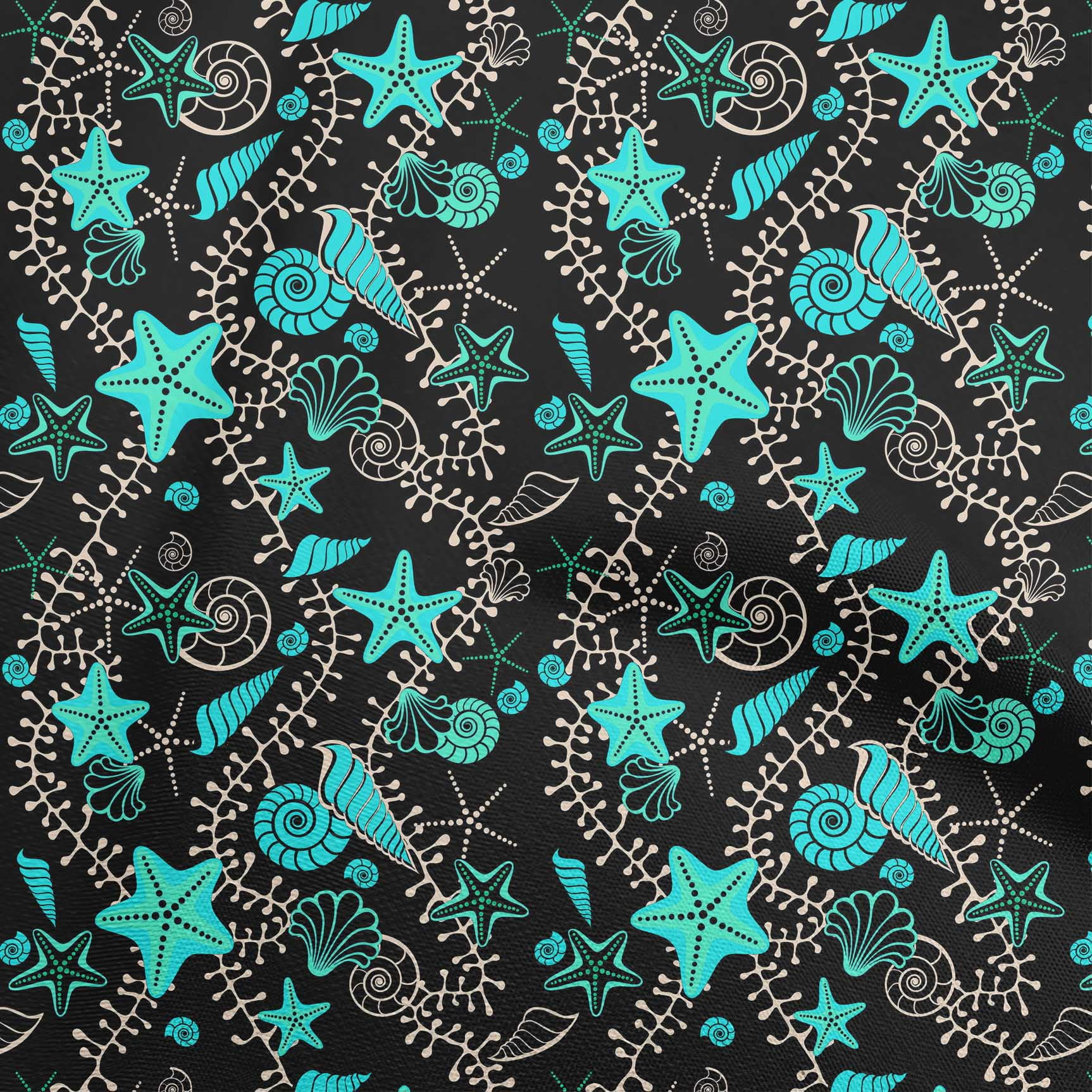 oneOone Cotton Cambric Turquoise Blue Fabric Beach Starfish &Shell ...