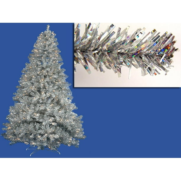 9' Pre-Lit Sparkling Silver Full Artificial Tinsel Christmas Tree ...