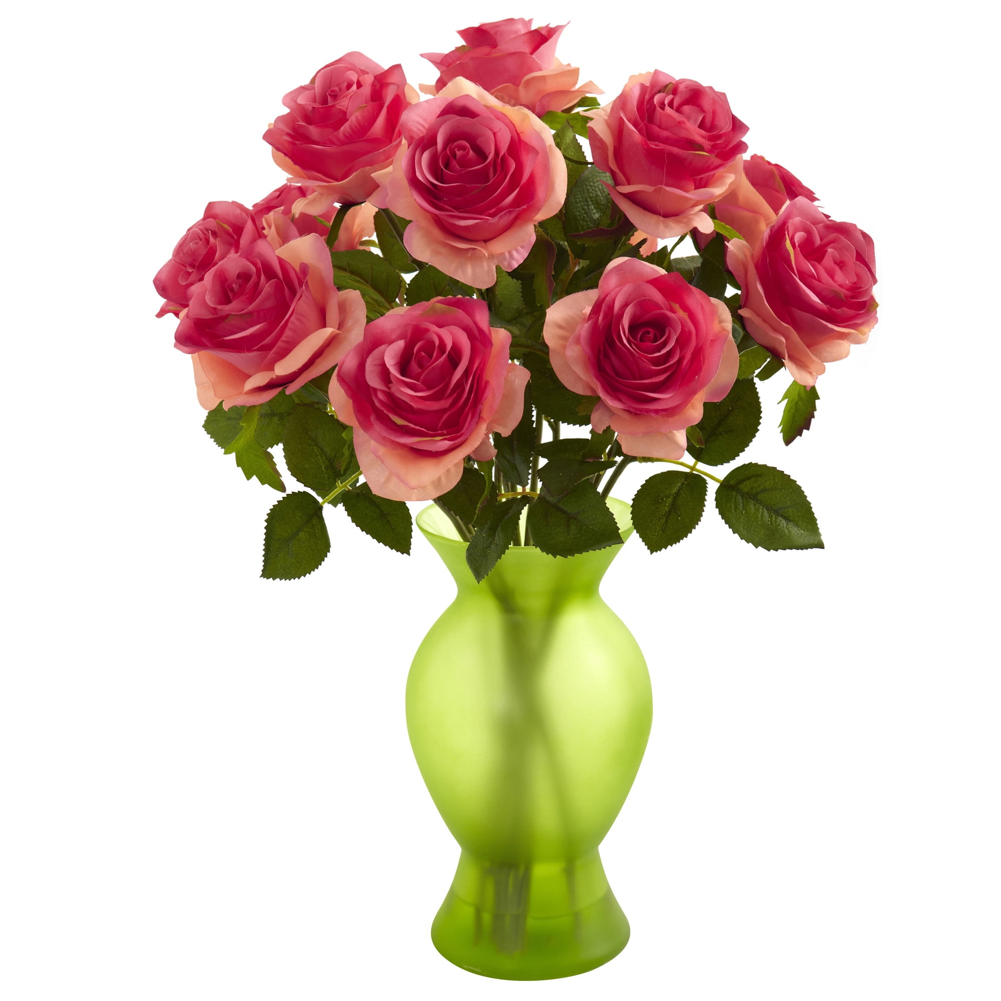 Nearly Natural Roses with Colored Glass Vase - Walmart.com