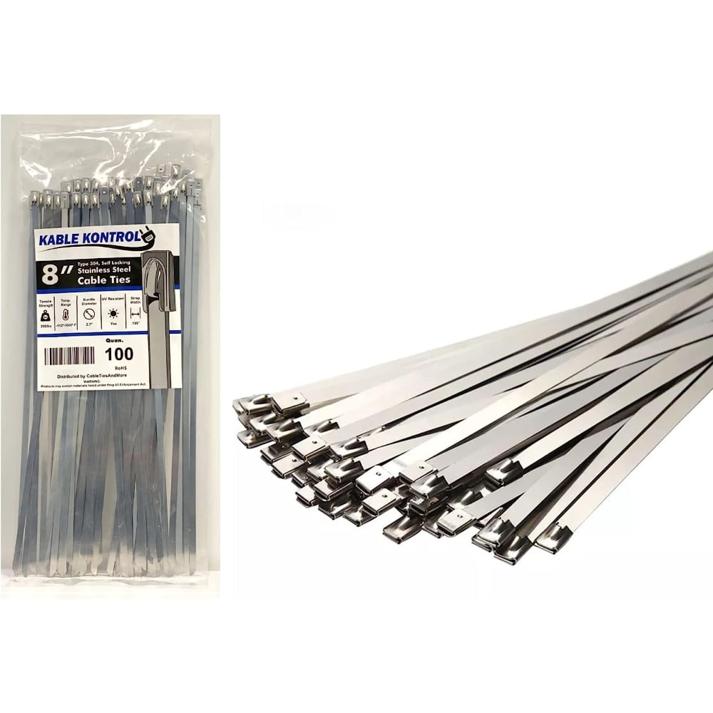 Kable Kontrol Stainless Steel Metal Zip Ties - 8" Long - 200 Lbs Tensile Strength - 100 pcs ...