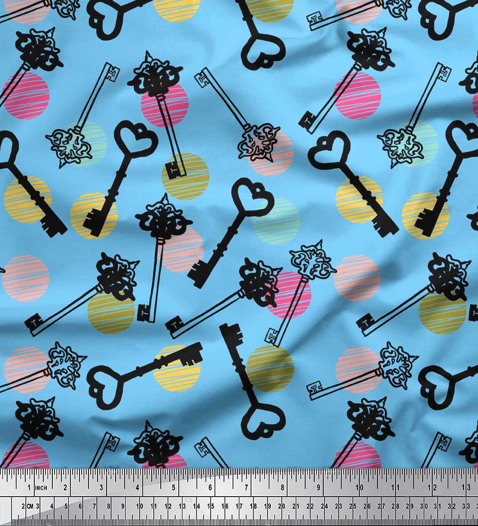 Soimoi Blue Cotton Voile Fabric Circle & Keys Victorian Style Print ...