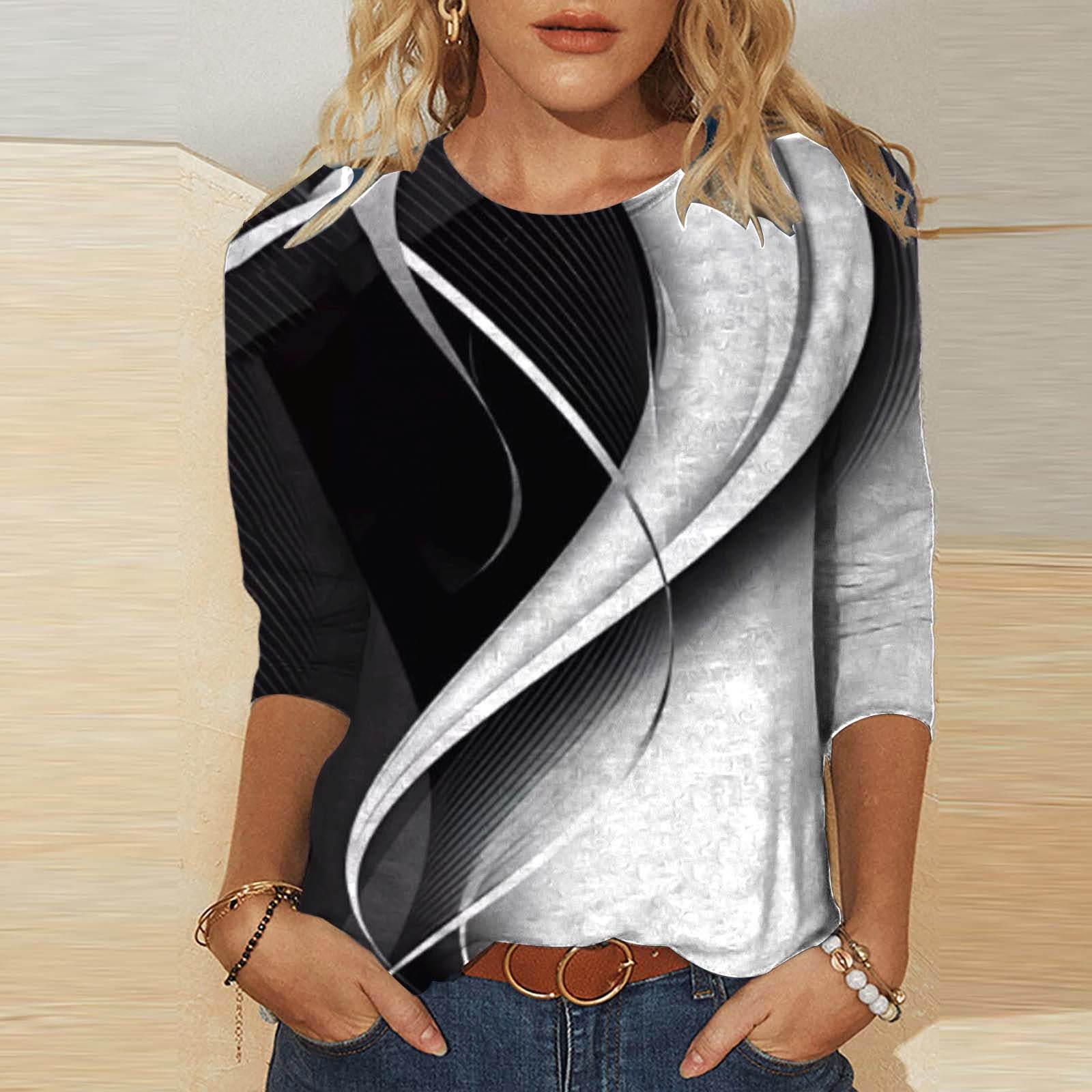 AOOCHASLIY Ladies Tops Clearance Fashion Women Mid-length 3/4 Sleeves ...