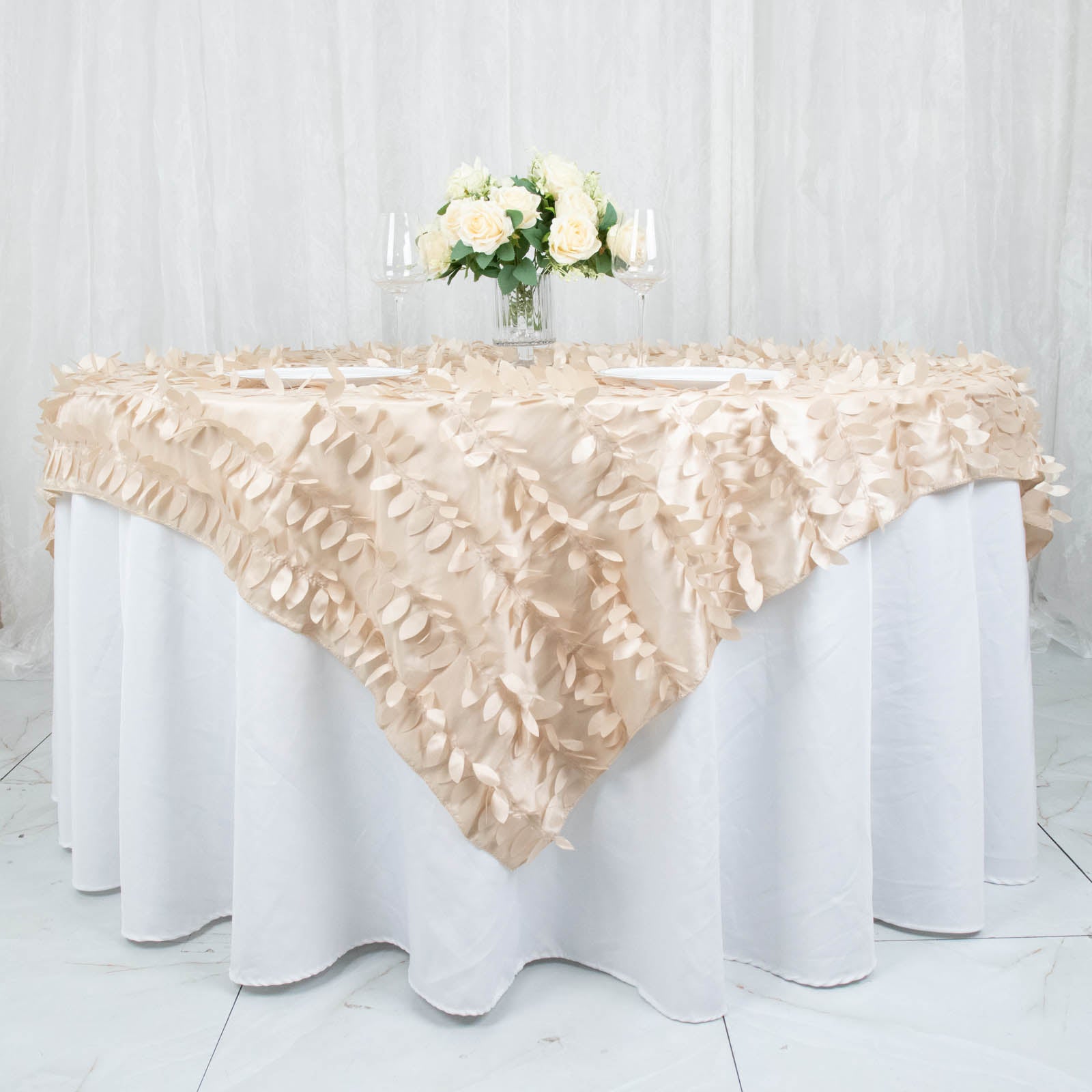Efavormart 72"X72" Beige 3D Leaf Petal Taffeta Fabric Table Overlay ...