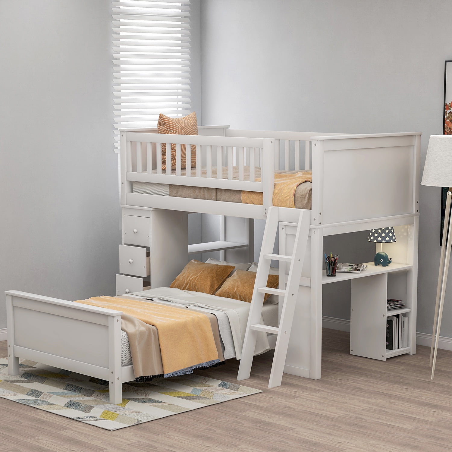 Twin Over Twin Bunk Bed With Desk Boys Girls Bed With Storage Drawers