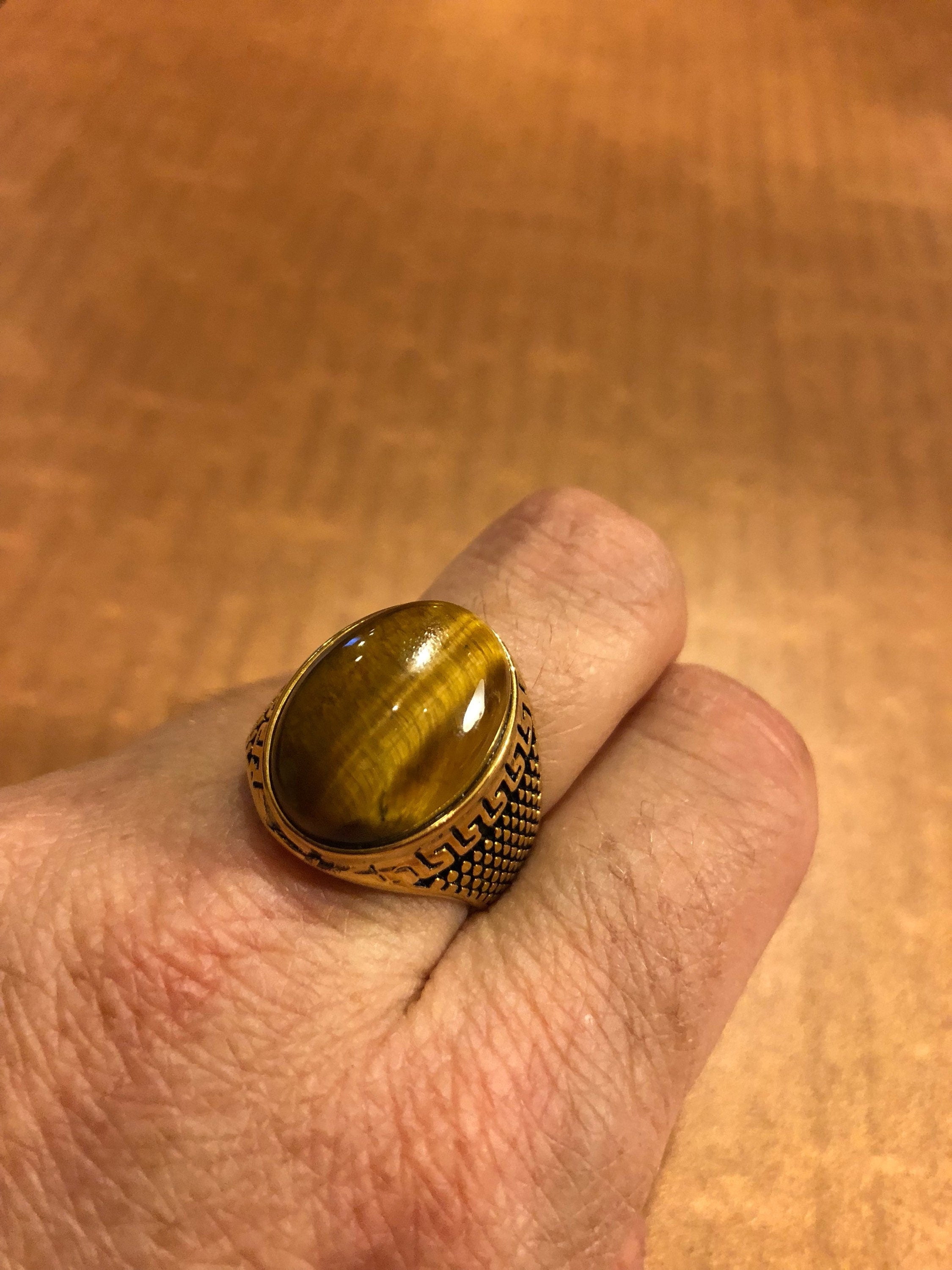 Vintage Gold Finished Stainless Steel Genuine Tigers Eye Mens Ring ...