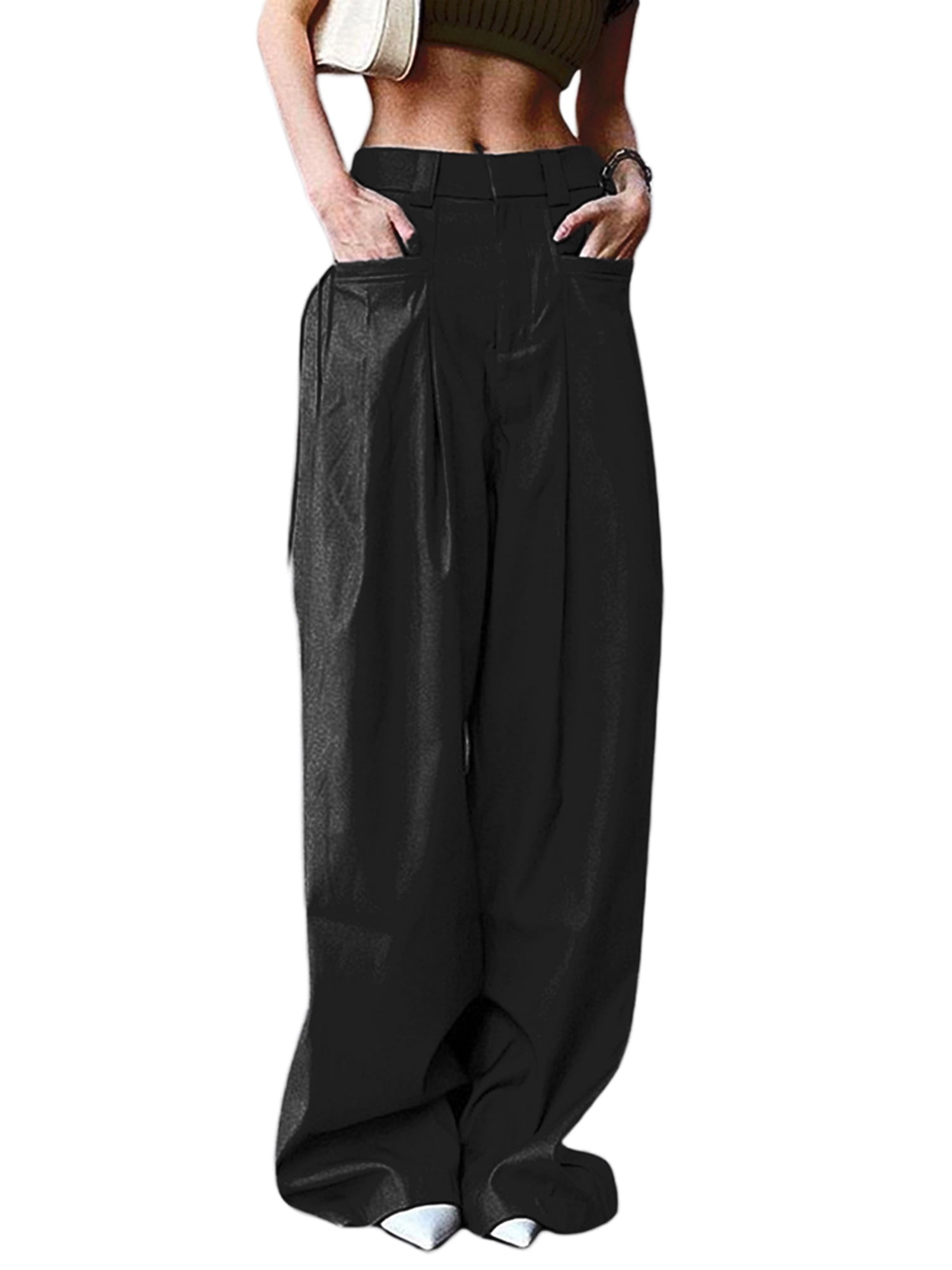 Licupiee Women Y2k Cargo Pants Loose Low Waist Trousers Wide Leg Baggy ...