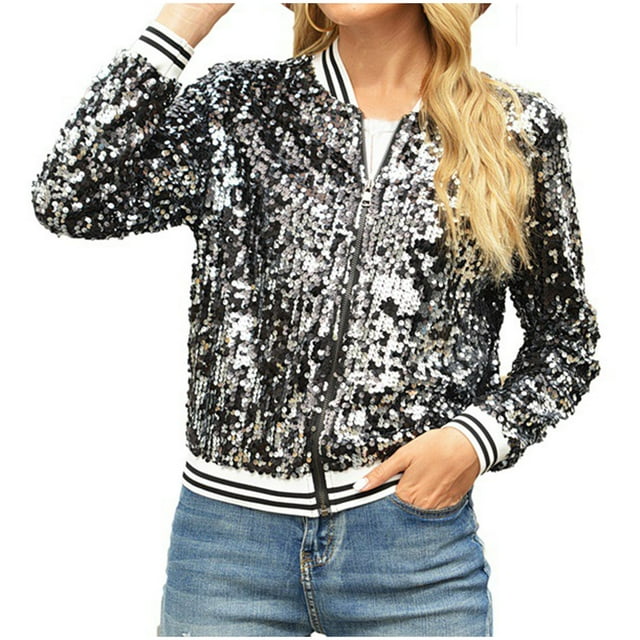 OGLCCG Womens Sparkly Shackets Jackets Long Sleeve Sequins Zipper Party ...