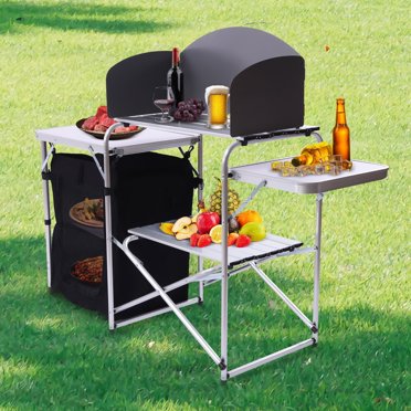 Costway Portable BBQ Camping Table with Windscreen & Bag, Foldable ...