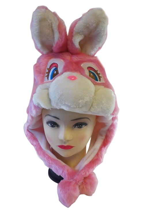 Plush Pink Rabbit Animal Hat - Rabbit Hat with Ear Flaps and Poms ...