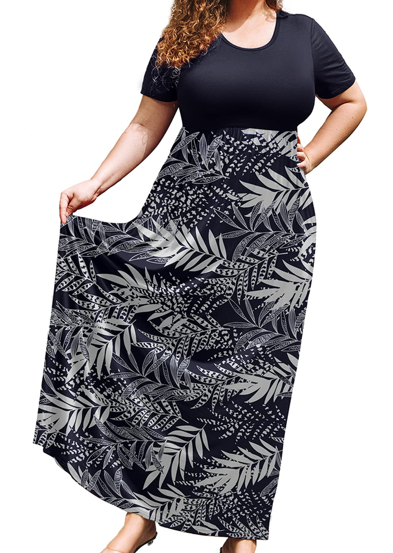 SHOWMALL Plus Size Summer Maxi Dress for Women Colorful Shadow Leaves ...