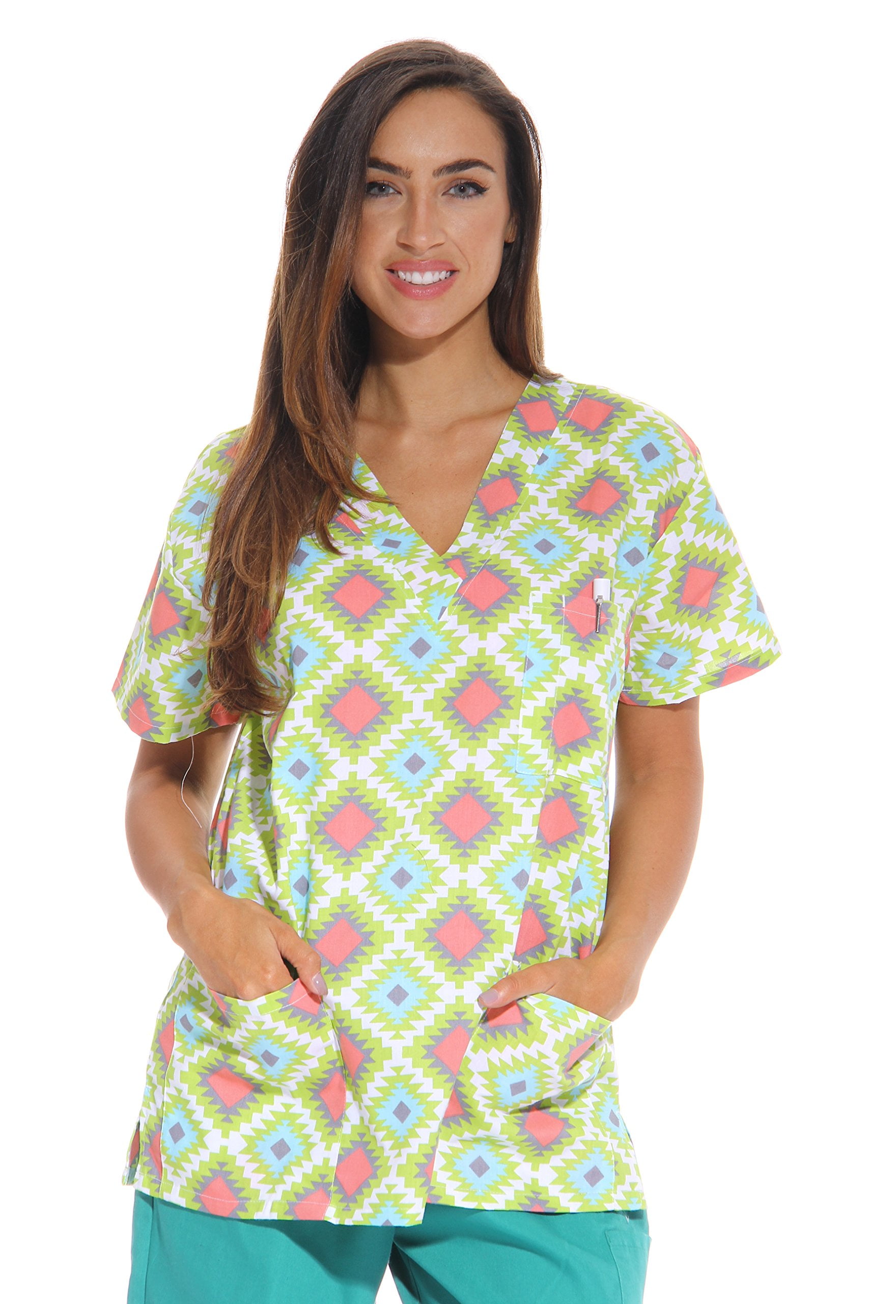 Just Love Women's Medical V-Neck Scrub Tops (Green Diamonds, X-Small ...