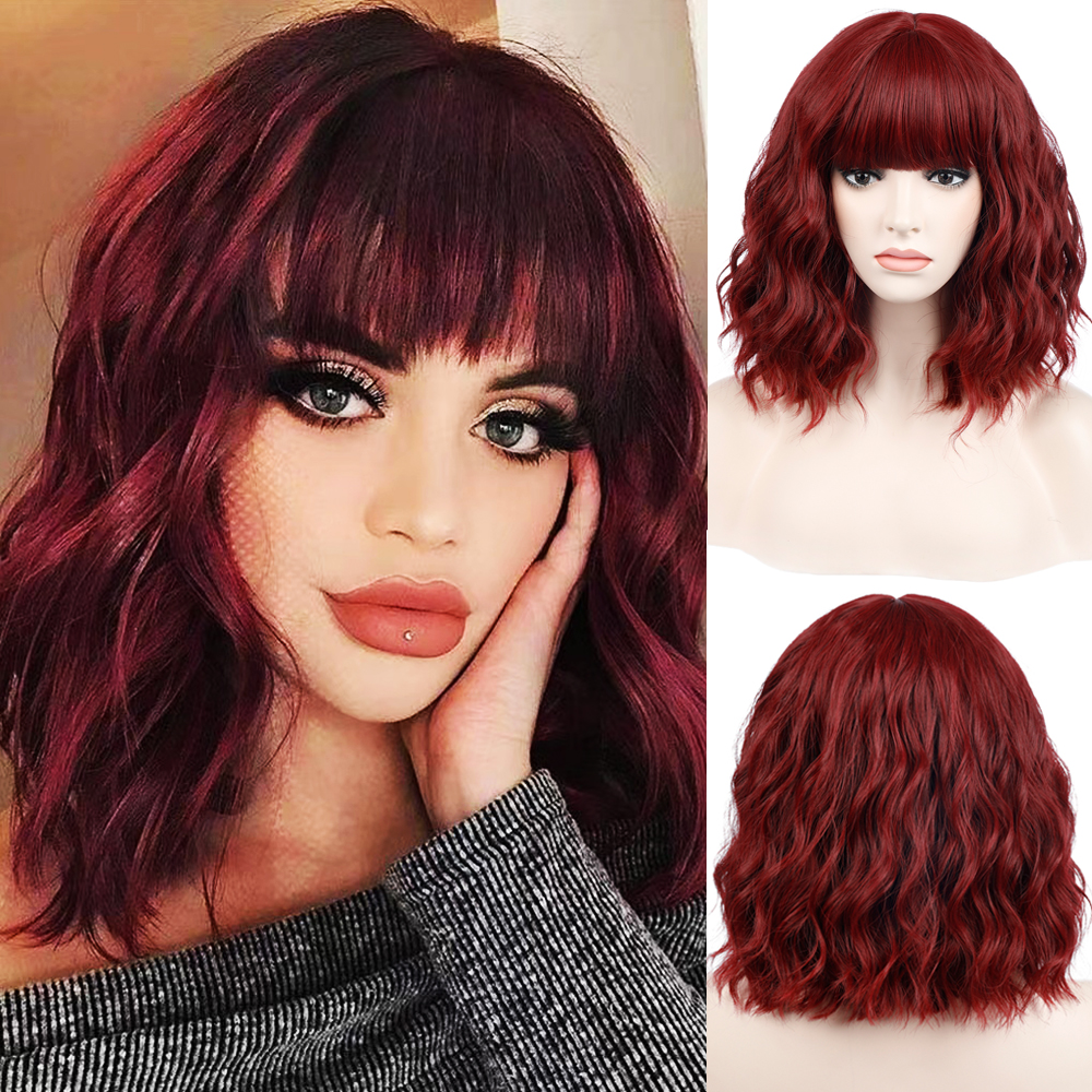 RightOn Red Wig Short Curly Wavy Wig Red Wig with Bangs Wine Red Wig ...