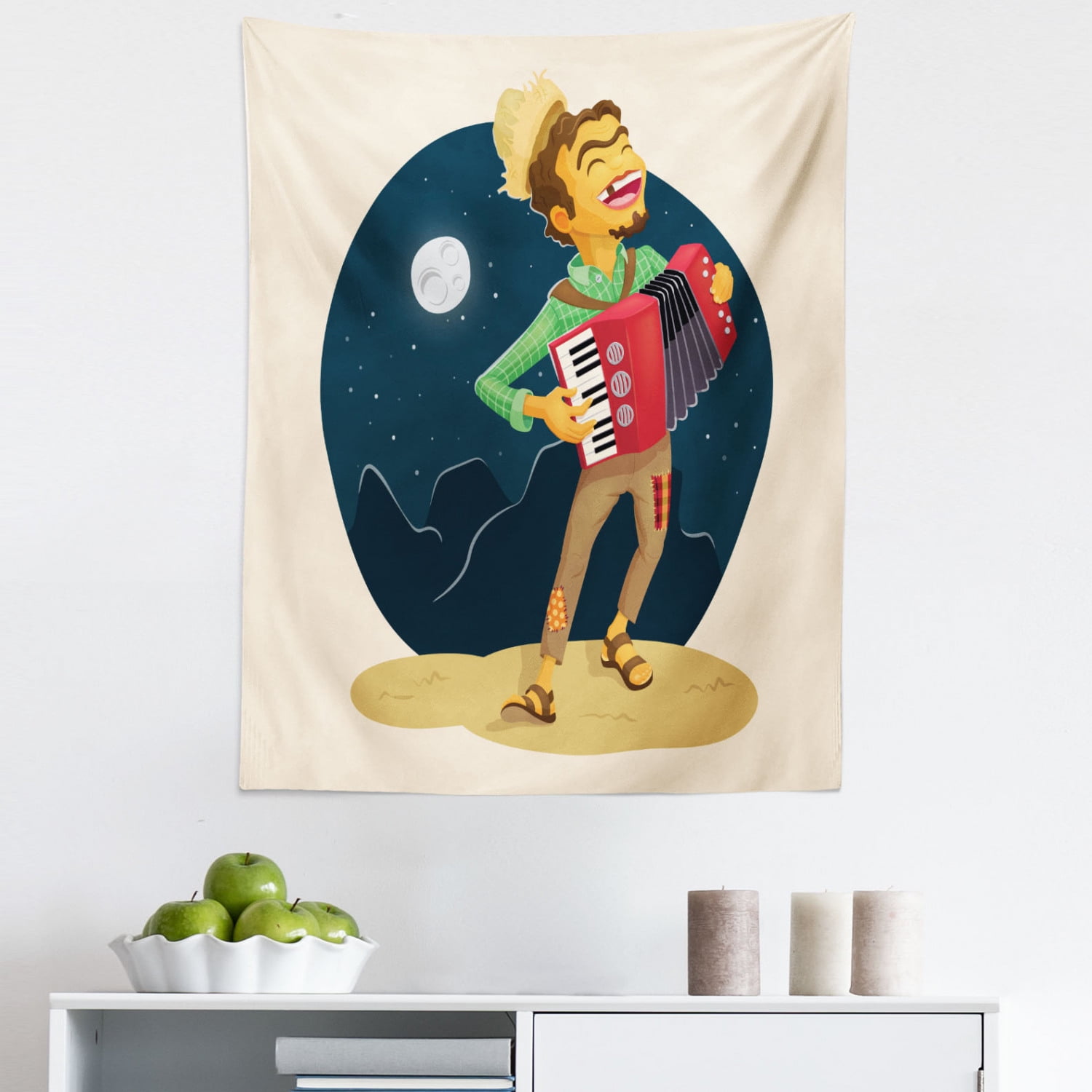 Music Tapestry, Cheerful Poor Peasant with Plaid Shirt and Patched ...