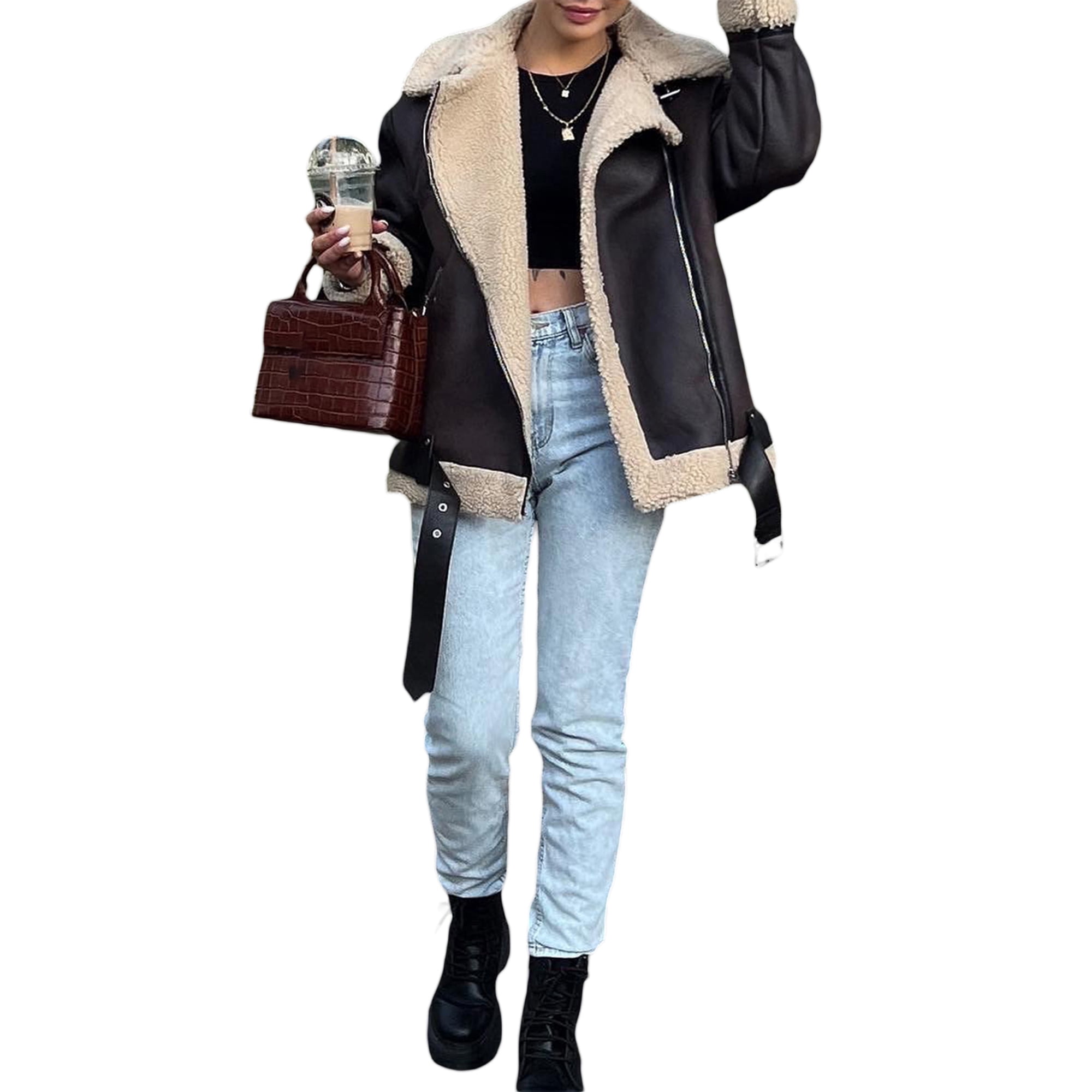 Click here for Kmbangi Women Pu Leather Coat Winter Lapel Collar... prices
