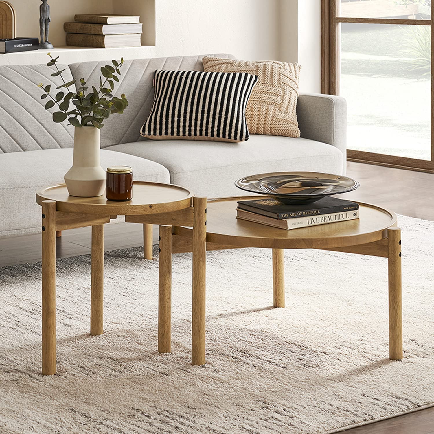 Mopio Dylan Round Modern Boho Nesting Coffee Table, Golden Brown Solid ...
