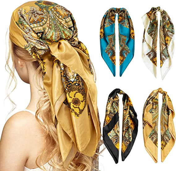 35'' Satin Head Scarf for Women, 4PCS Large Square Hair Scarf Silk ...