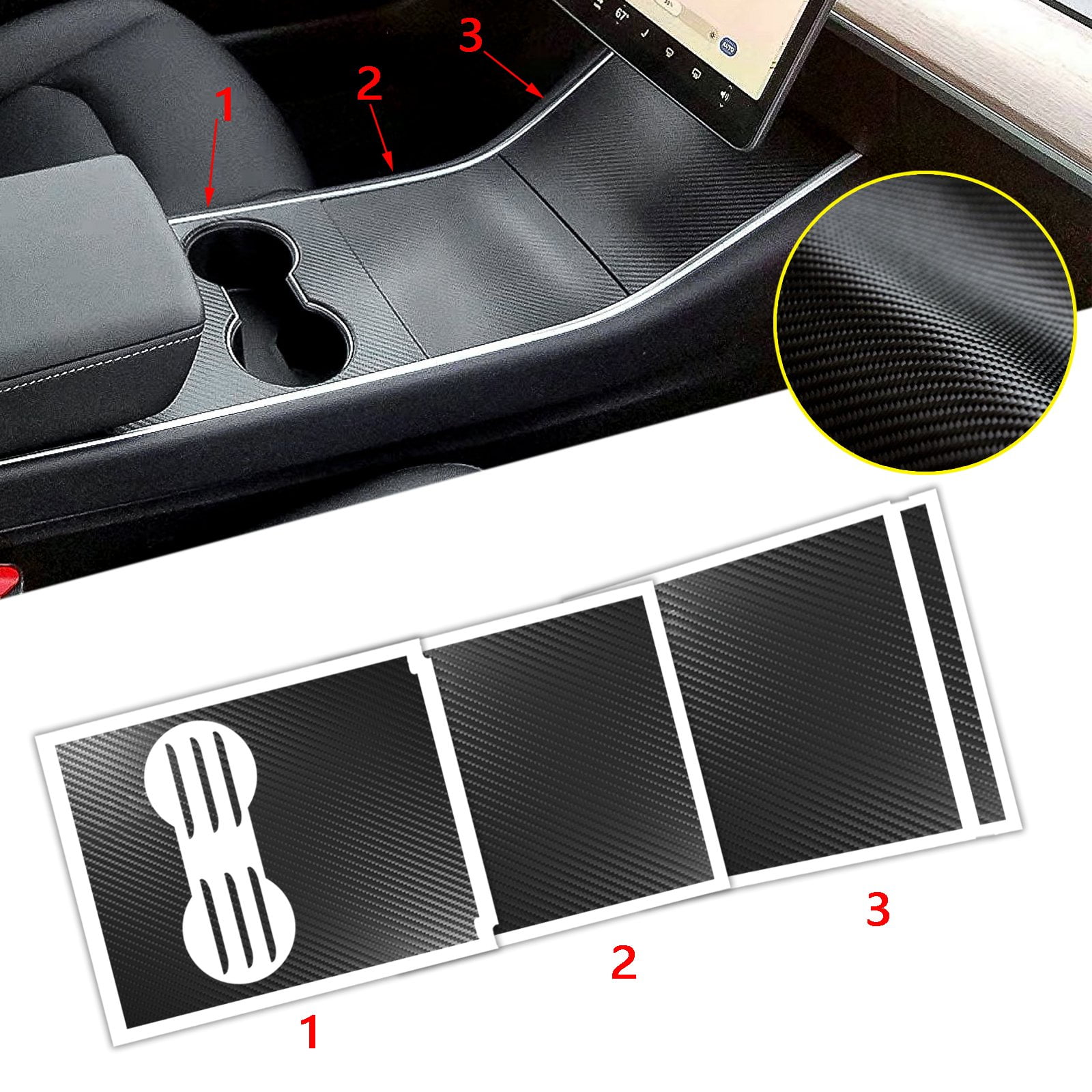 Xotic Tech 3pcs for Tesla Model 3 Center Console Wrap Sticker, Carbon ...
