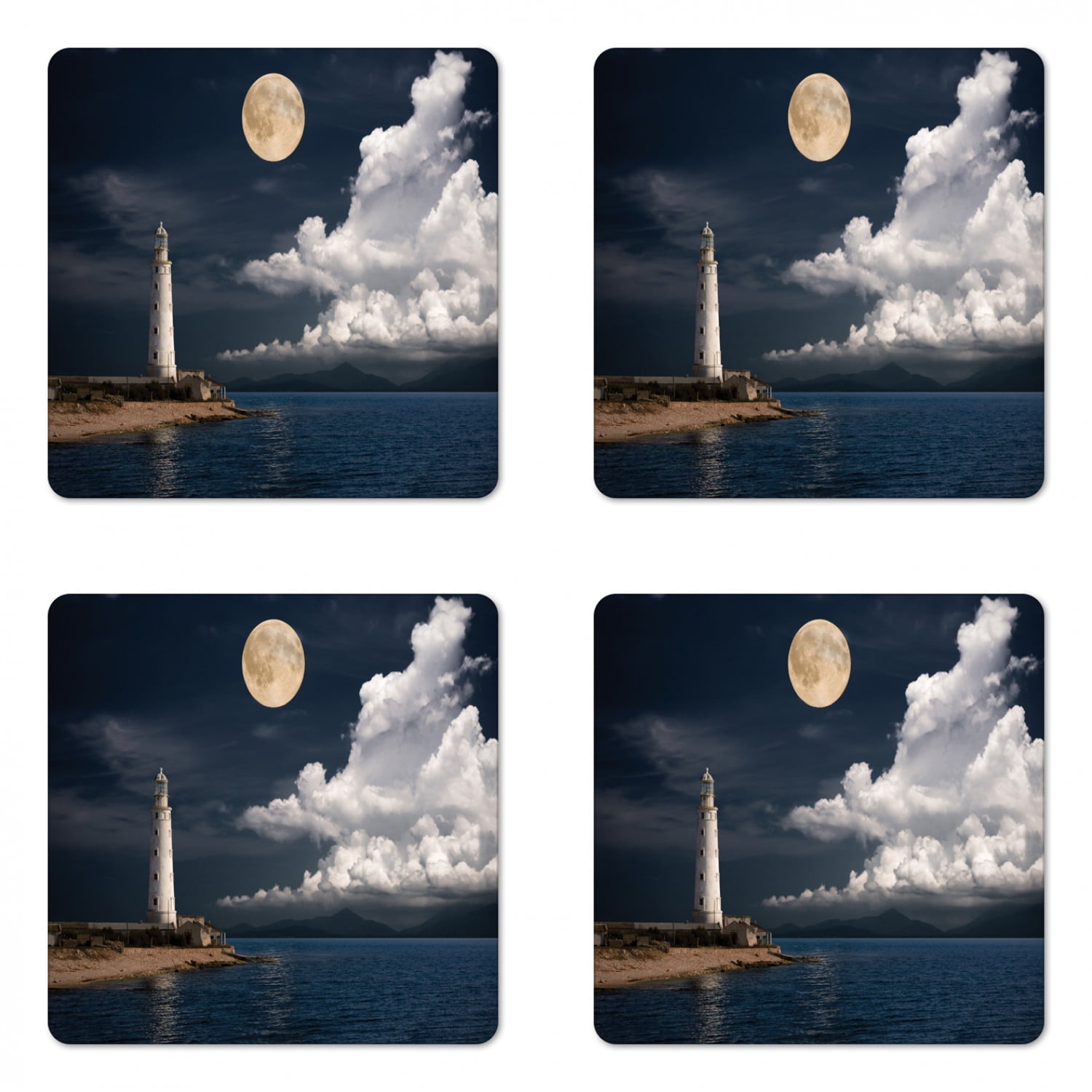 Lighthouse Coaster Set of 4, Lighthouse Moonlight Island Large Clouds ...