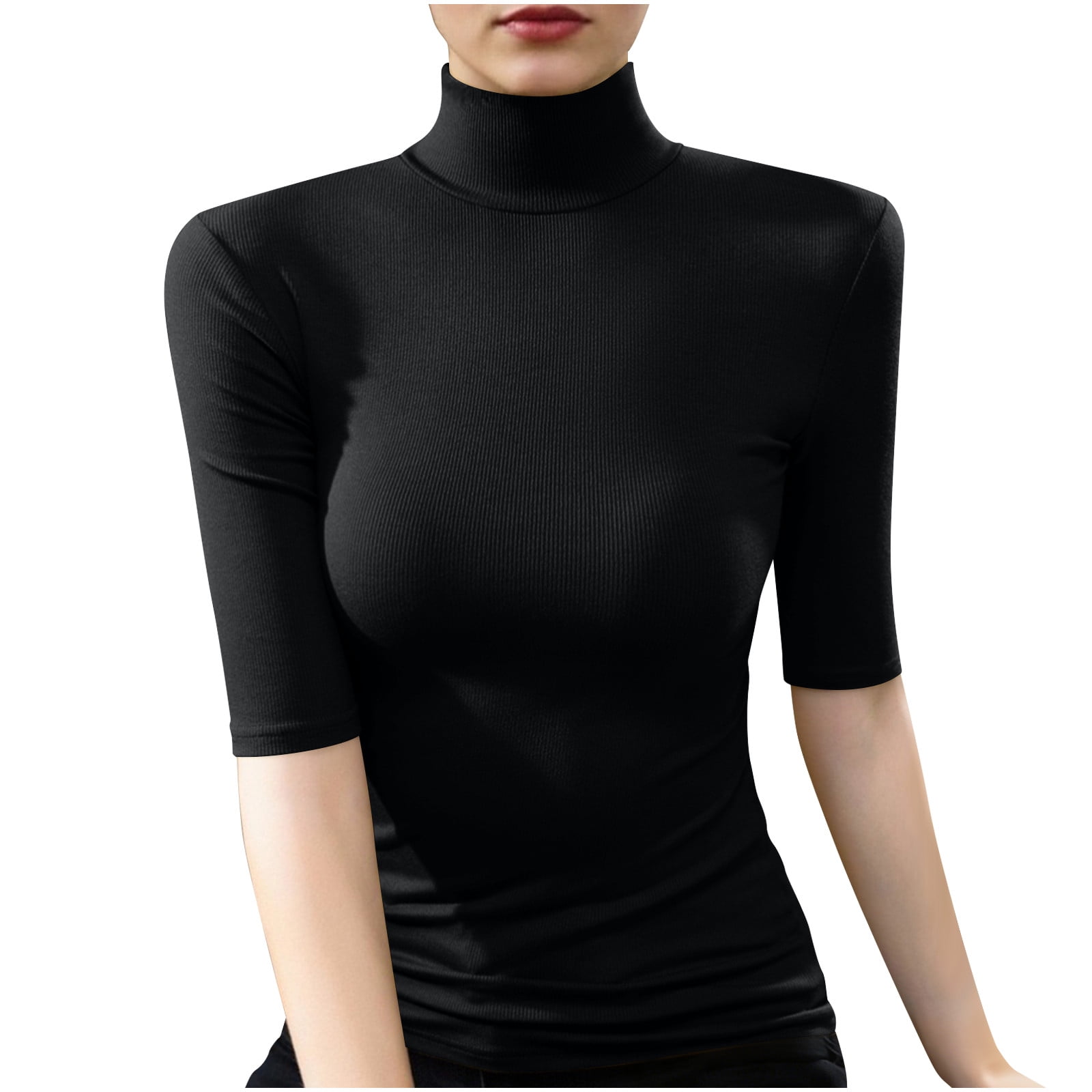 Cfhntfmh Womens Mock Turtleneck Slim Fit Shirts Ribbed Knit Half Sleeve T Shirts Basic Tees Casual Tight Top