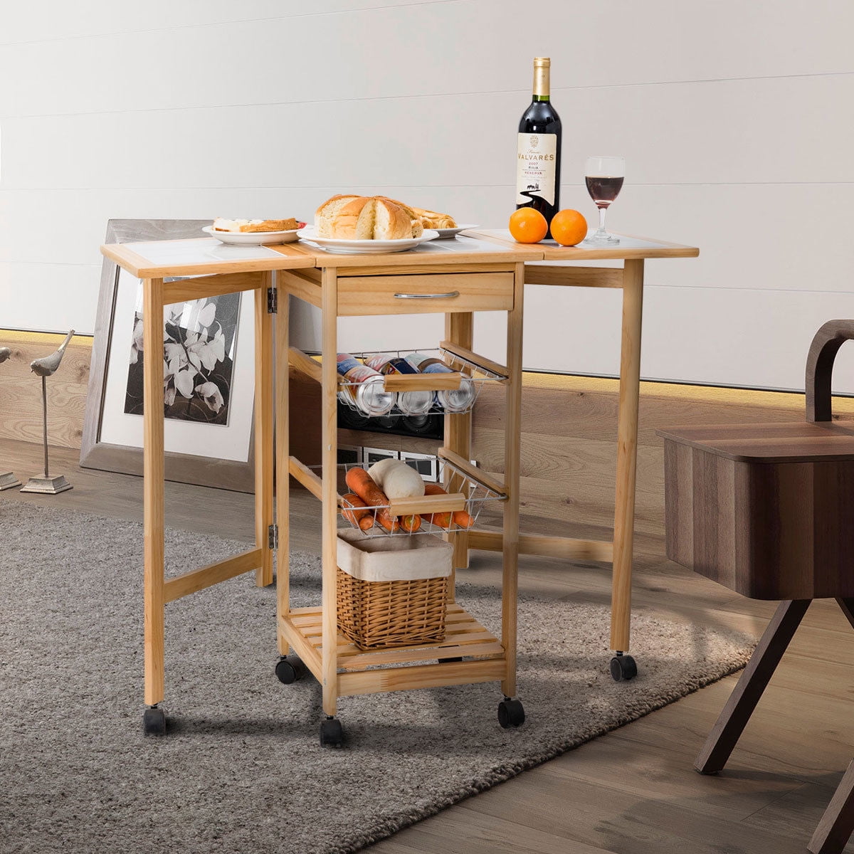 Costway Portable Rolling Drop Leaf Kitchen Storage Tile Top wooden ...