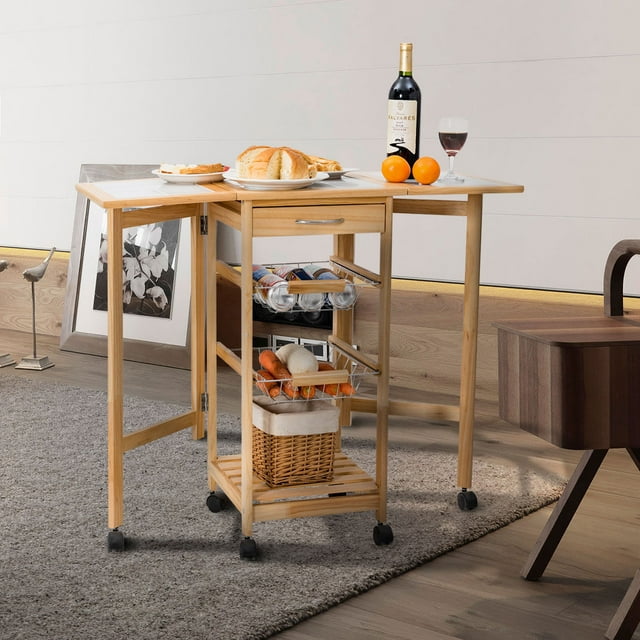 Costway Portable Rolling Drop Leaf Kitchen Storage Tile Top wooden ...