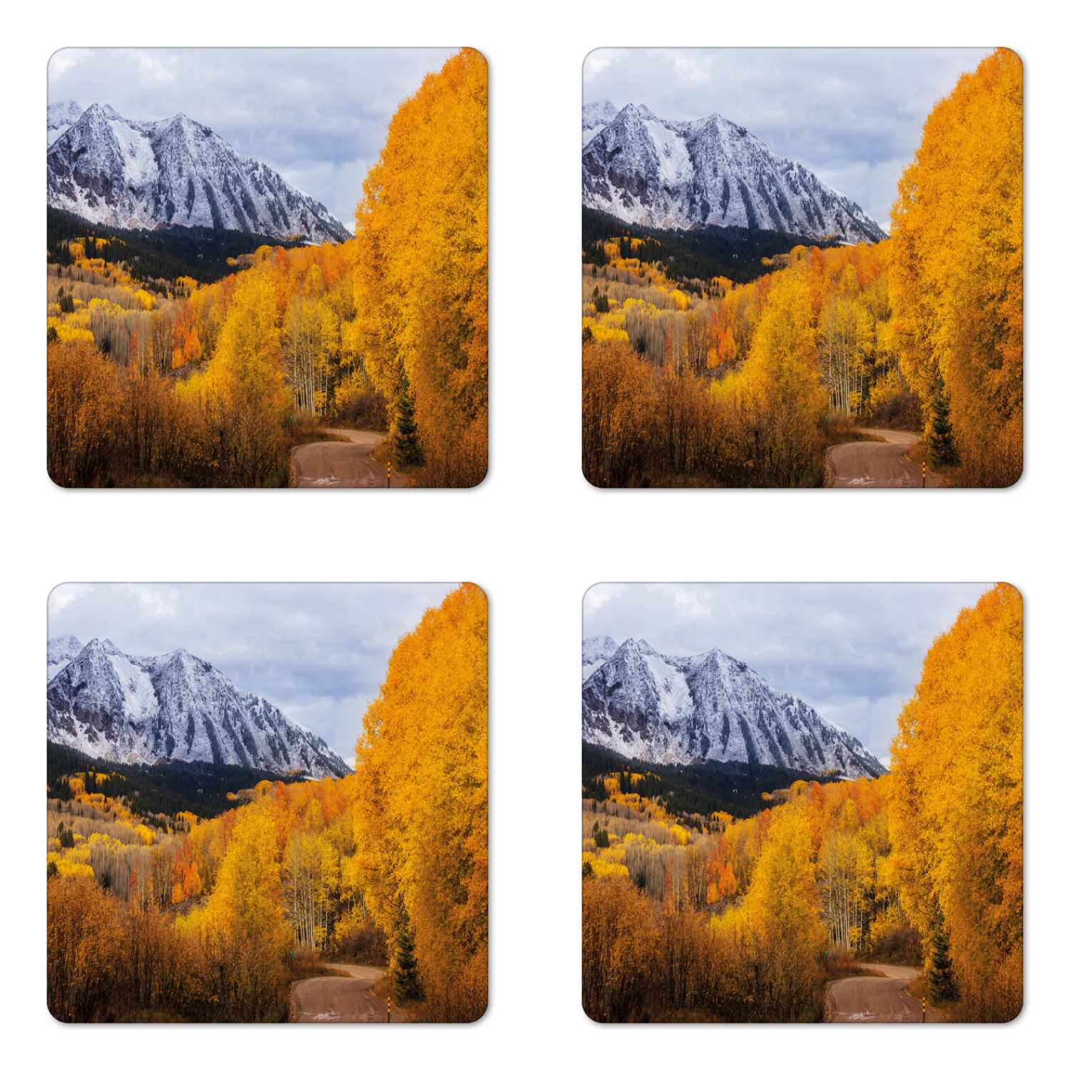 Autumn Coaster Set of 4, Colorful Fall Season in Colorado with Snowy ...