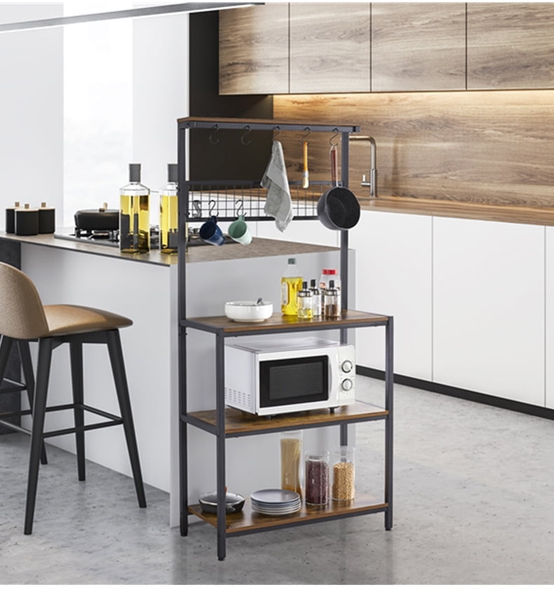 SUGIFT 67" Wooden Kitchen Bakers Rack with 4 Storage Shelves & 10 Hooks ...