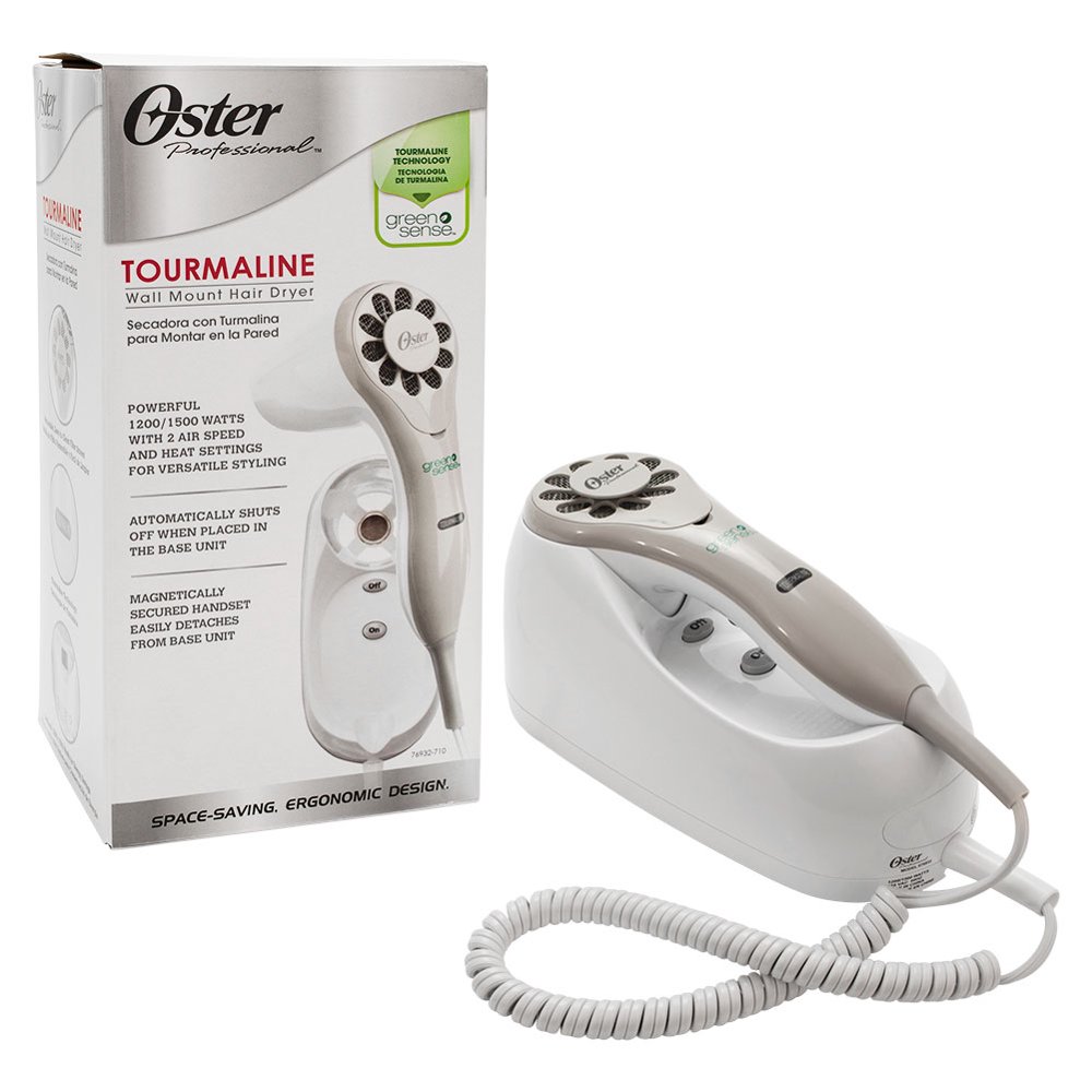 Oster Tourmaline Wall Mounted Hair Dryer with 2 Speed Settings, White ...