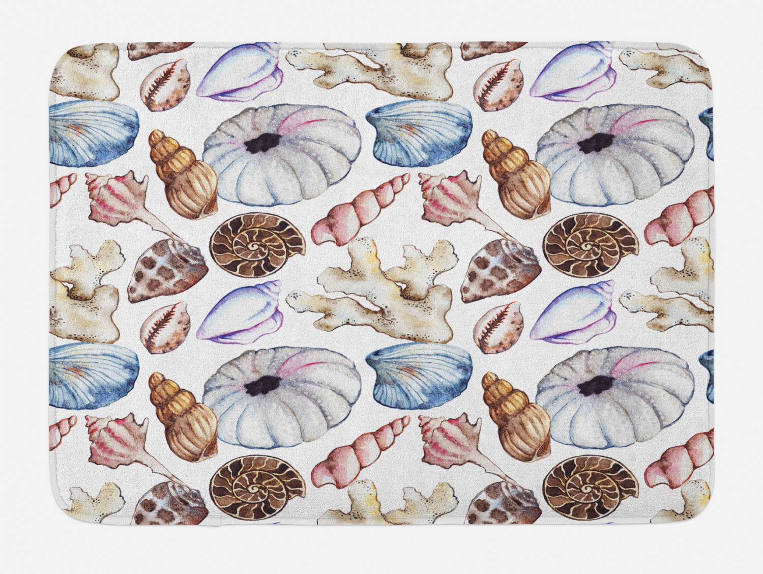 Seashells Bath Mat, Clam Coral Watercolor Urchin Sealife Reef Creative ...