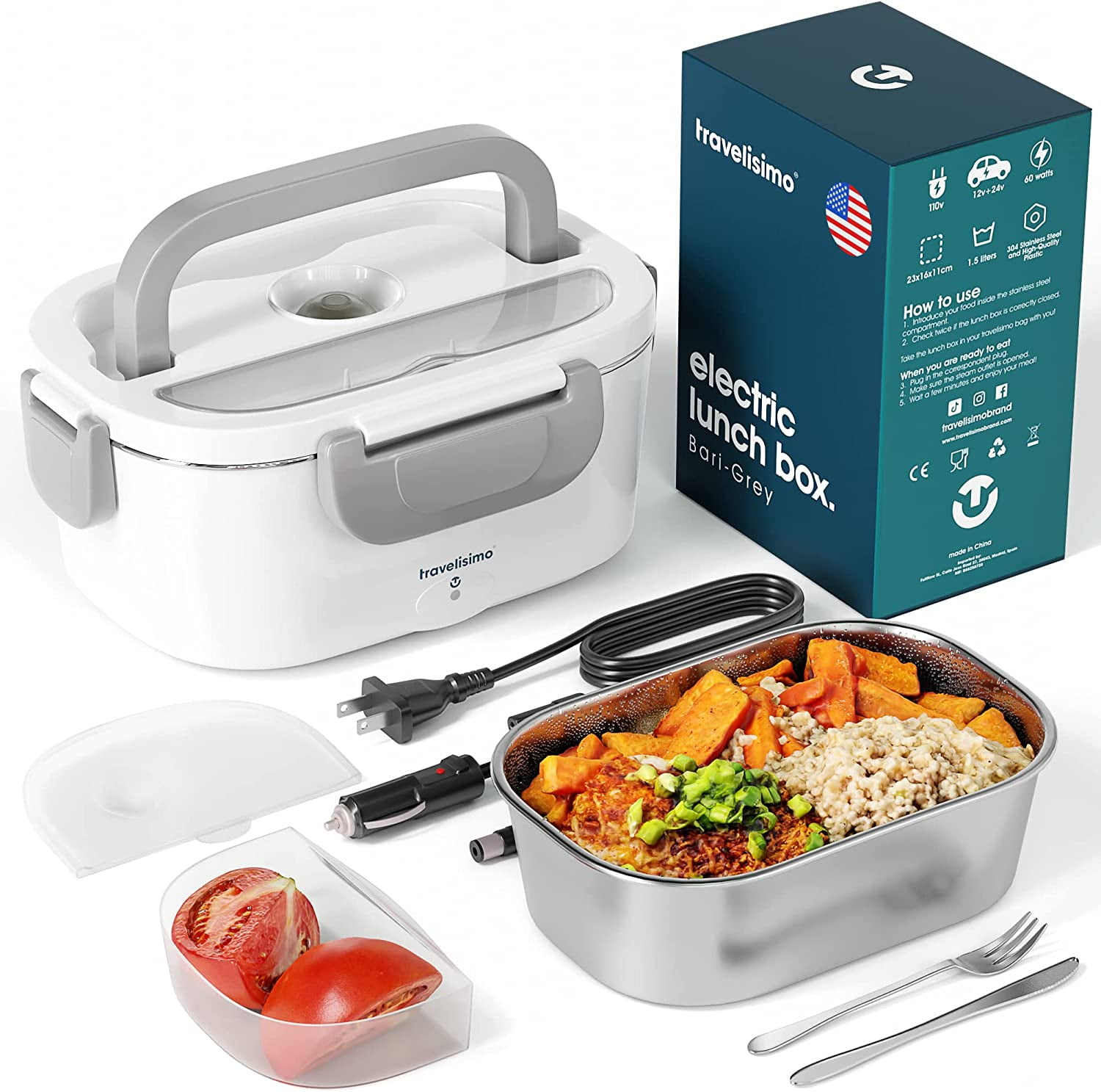 TRAVELISIMO Portable 60W Electric Lunch Box Heated Lunchboxes Food Warmers, Gray - Walmart.com
