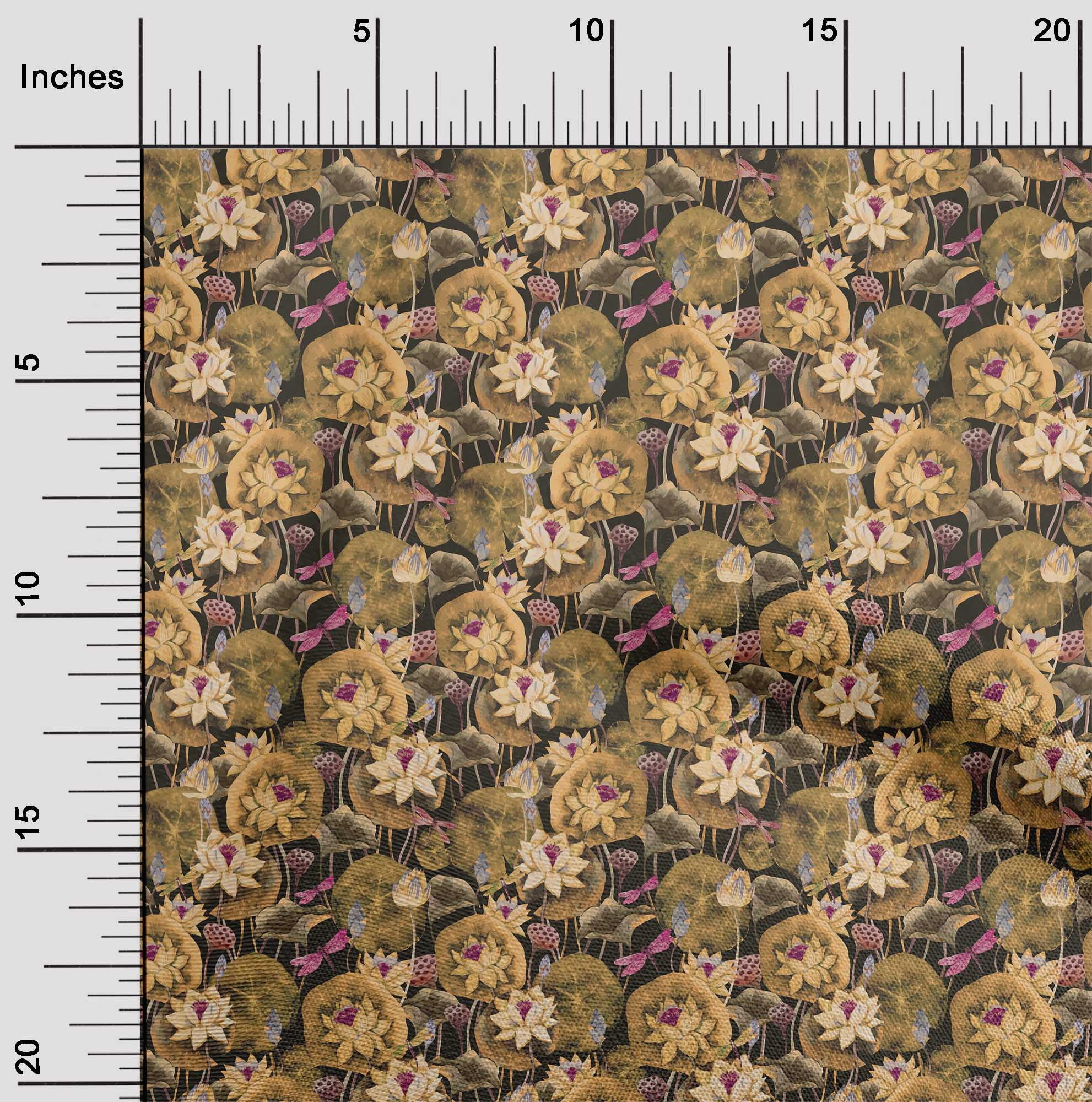 oneOone Cotton Poplin Dark Beige Fabric Insect|Leaves & Lotus Floral ...