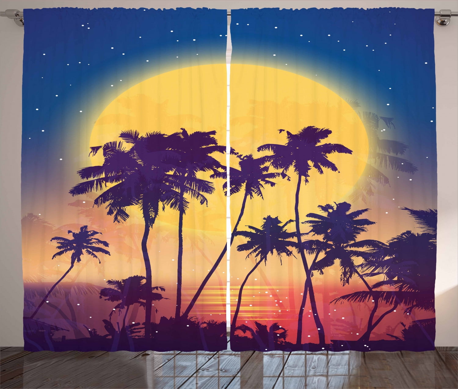 Tropical Curtains 2 Panels Set, Retro Style Full Moon Rise with Palm ...